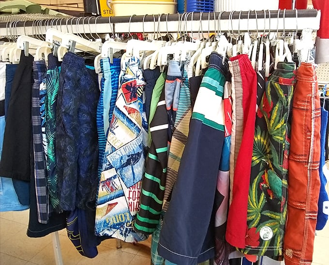 Summer's unofficial uniform hangs ready for action—these swim trunks and shorts have beaches and barbecues in their future.