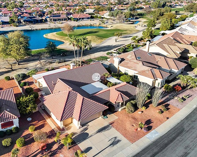 Real estate with a view! These homes overlook water features and golf courses, where "rough neighborhood" means the sand trap on hole seven.