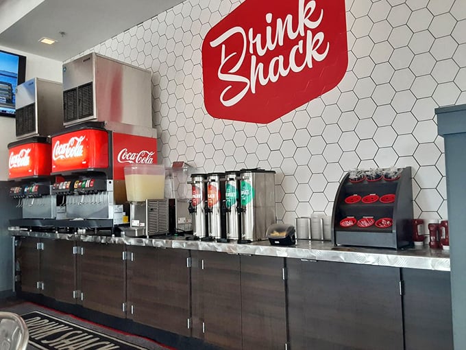 The "Drink Shack" isn't just a beverage station—it's hydration headquarters where your perfect chicken pairing awaits in fizzy, sweet glory.