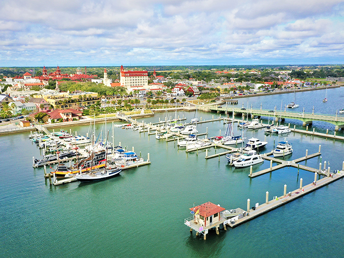 The municipal marina showcases St. Augustine's nautical heart. Boats bob gently in turquoise waters while the city's red rooftops provide a backdrop worthy of a Mediterranean port.