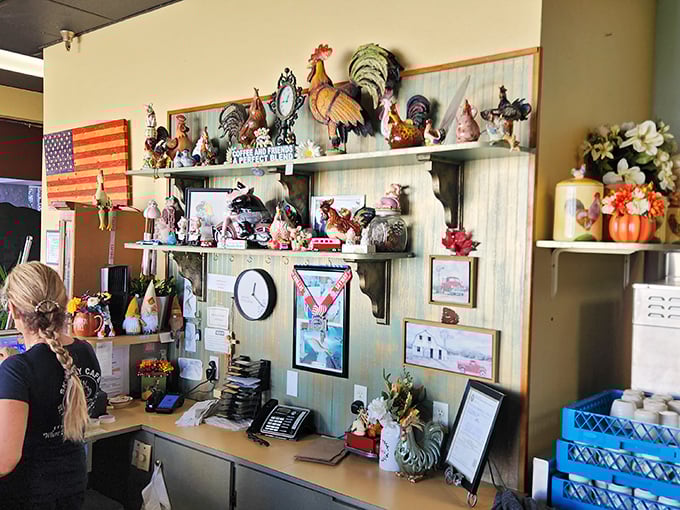 Behind the counter, a collection of roosters stands guard over a treasure trove of homestyle cooking secrets and local stories.