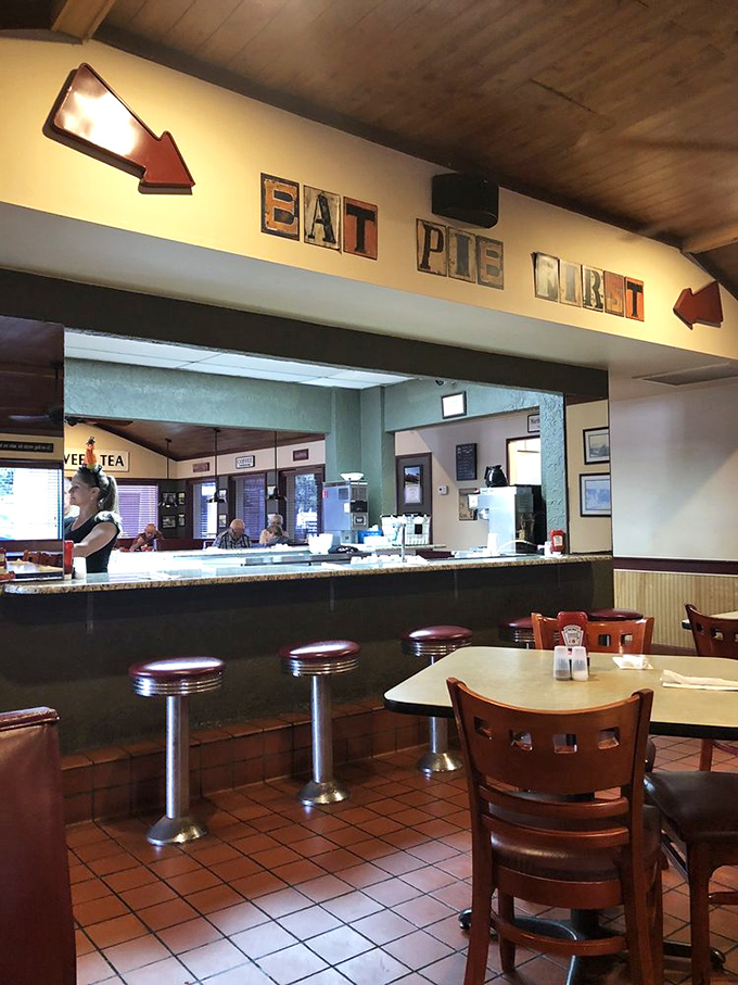 "Eat Pie First" isn't just a suggestion—it's a life philosophy worth embracing. The counter seating offers front-row tickets to the culinary show.