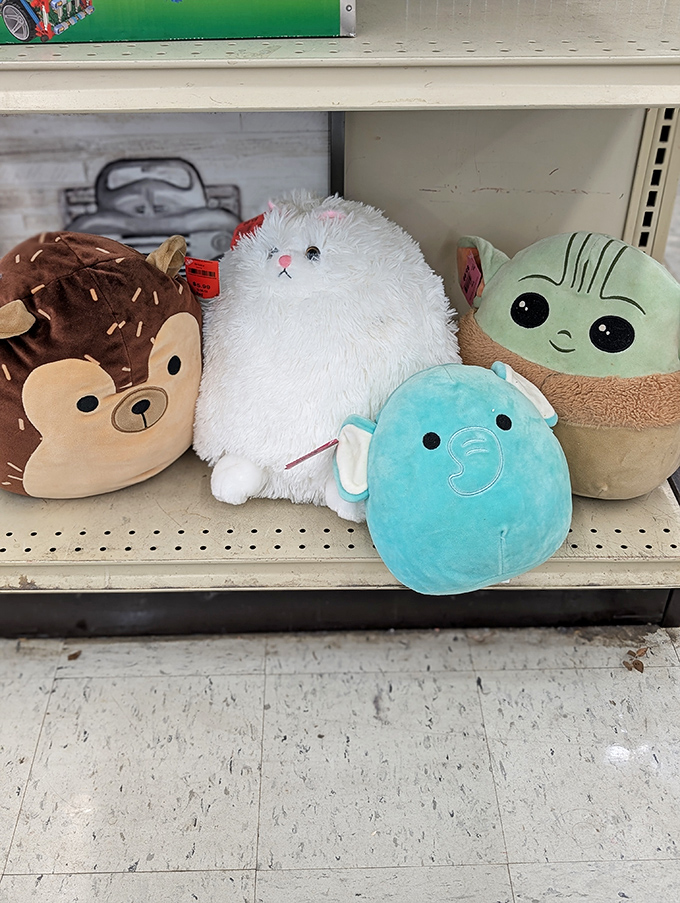 Plush pals patiently waiting for their forever homes. That Baby Yoda lookalike might just become your car's new dashboard companion.