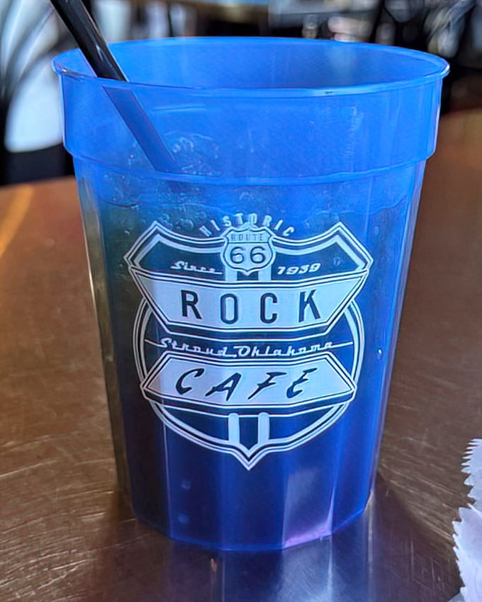 Even the cups tell a story here—Route 66 history served cold with every refreshing sip of Oklahoma hospitality.