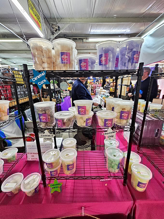Sweet temptations in plastic tubs! Cookies, caramel corn, and treats that make dieting at the flea market about as successful as snowballs in July.