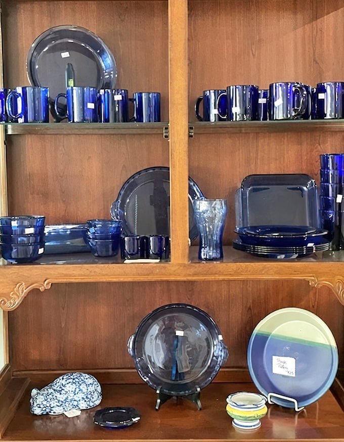 The cobalt blue glassware collection gleams like a Mediterranean sea – coastal elegance without the coastal price tag.