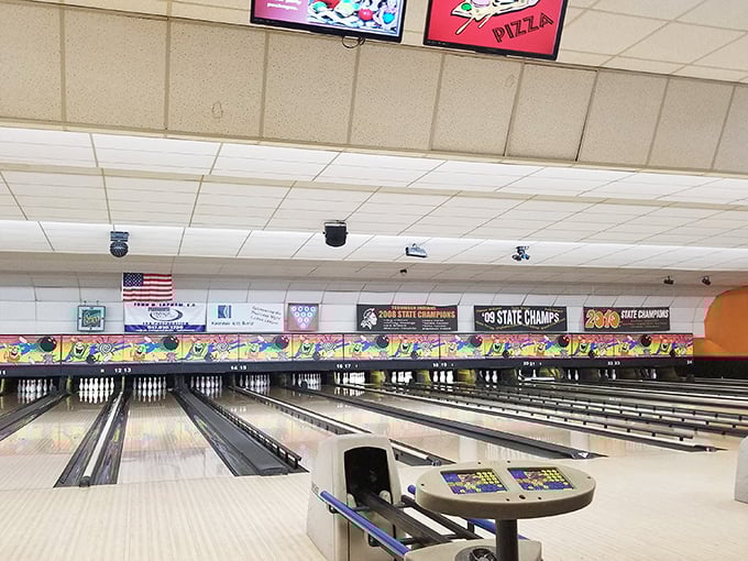 Ten Pin Alley preserves the quintessential American tradition of bowling—where championship banners hang proudly and rental shoes are still a thing.