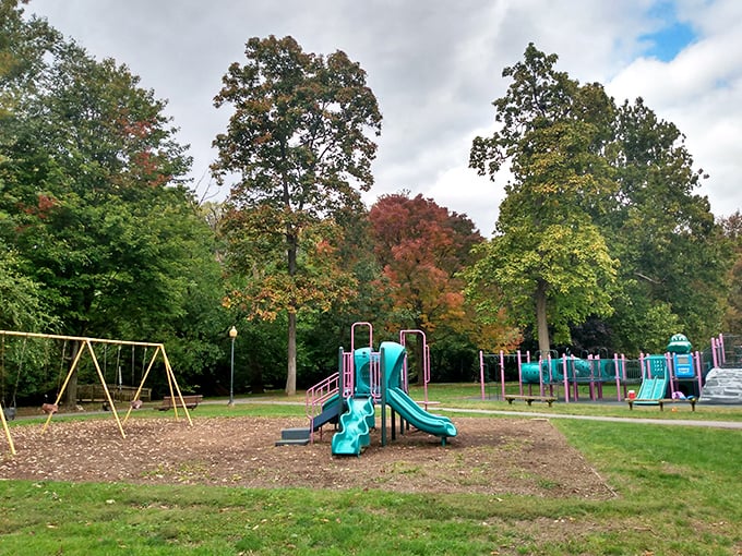 This playground sits nestled among fall foliage that puts on a show more colorful than anything the kids could imagine.