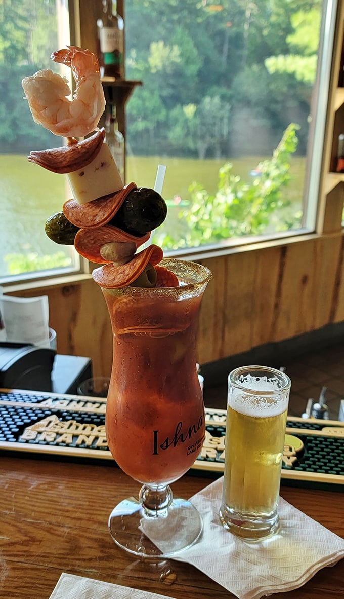 The Bloody Mary that ate all other Bloody Marys—topped with enough garnishes to qualify as both cocktail and appetizer.