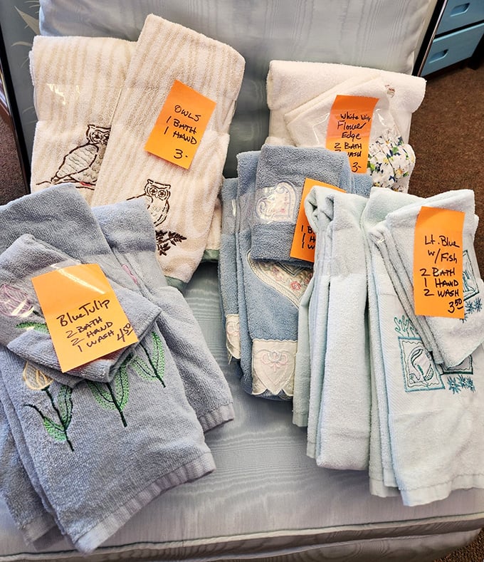 Embroidered linens that grandmothers would battle over at family reunions. These hand-towels with their cheerful designs bring charm to the most utilitarian spaces.