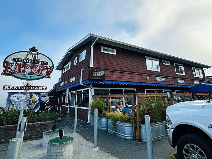 The Trinidad Bay Eatery doesn't need fancy marketing – that sign and those ocean views do all the talking necessary.