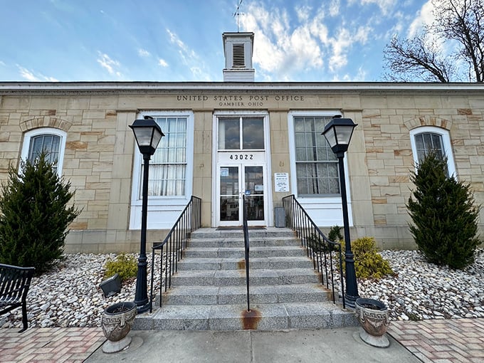 Even the post office in Gambier has architectural gravitas. This limestone building makes sending a package feel like participating in a civic tradition.