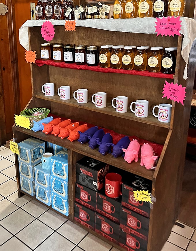 A country store within a restaurant—local honey, homemade jams, and pig-shaped souvenirs that somehow seem completely necessary after that ham.
