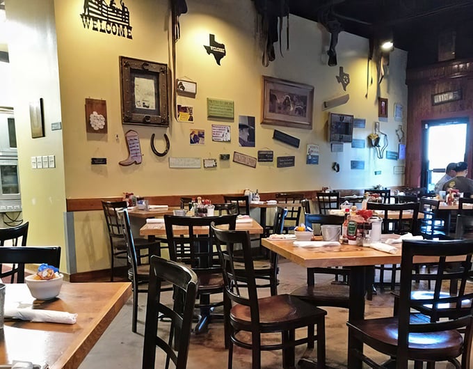 Every inch of wall space tells a story—from Texas stars to cowboy boots, it's like breakfast inside a museum of Lone Star pride.