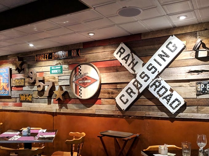 Wall décor that tells stories of local history—railroad crossings, Harley-Davidson memorabilia, and Americana that feels authentically Pennsylvania.