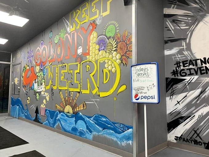 "Keep Colony Weird" proclaims the vibrant mural, setting the perfect tone for a pizza joint that refuses to color inside the culinary lines.