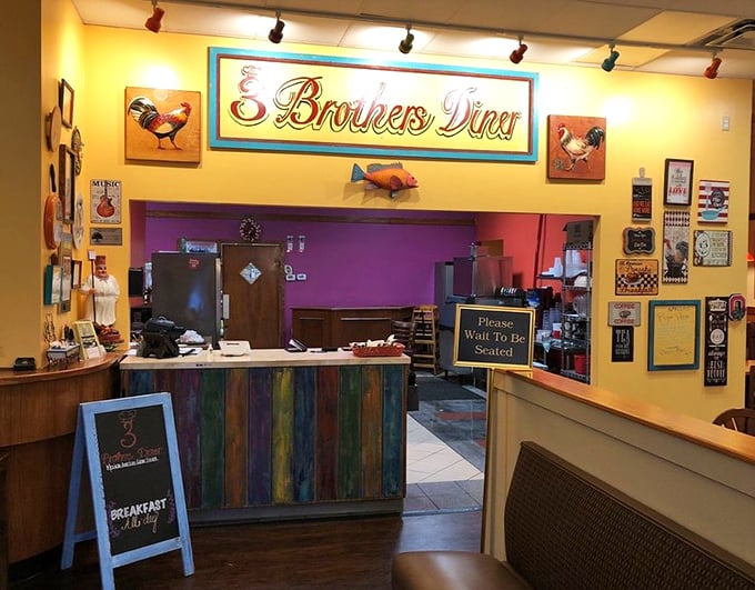Colorful walls showcase rooster art and vibrant décor, creating a space that feels both energetic and somehow like coming home.