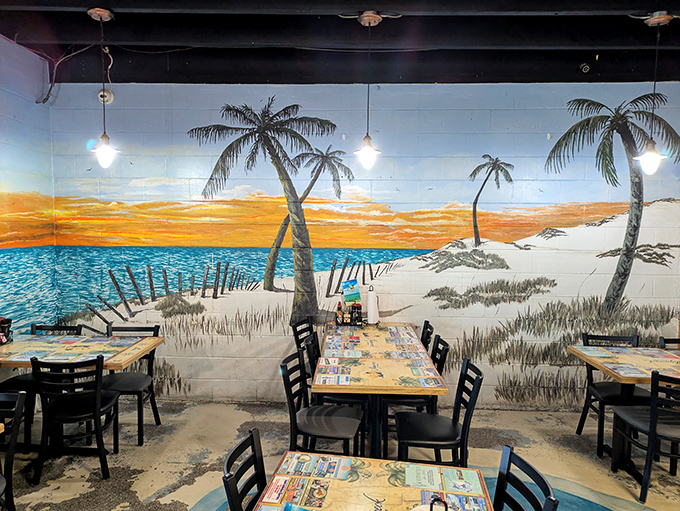 The beach mural isn't just decoration—it's a promise of the coastal flavors waiting on your plate, palm trees included.
