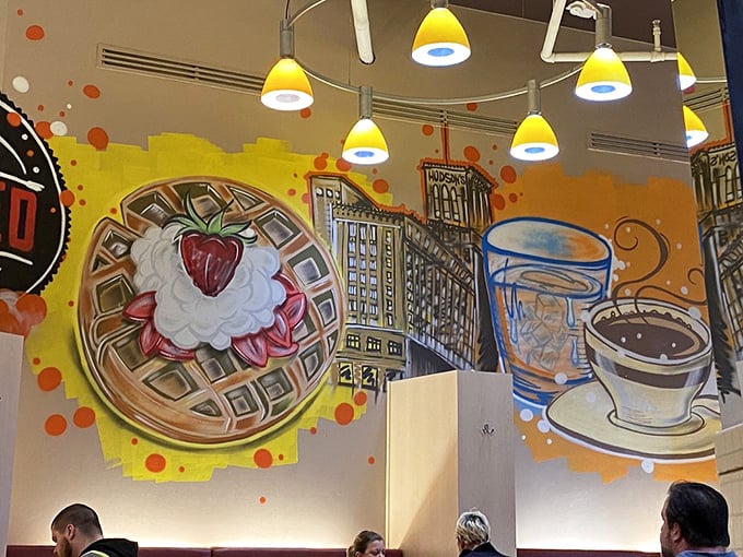 Vibrant murals celebrate breakfast icons—waffles, coffee, and Detroit's skyline come together in a colorful tribute to morning rituals.