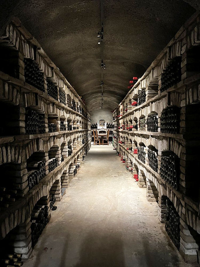 Wine library or liquid art gallery? Thousands of bottles rest in their stone cradles, each waiting for its moment to shine.