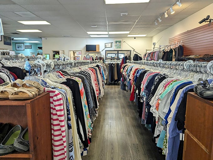 Women's clothing organized with department store precision but with thrift store prices—the best of both retail worlds.