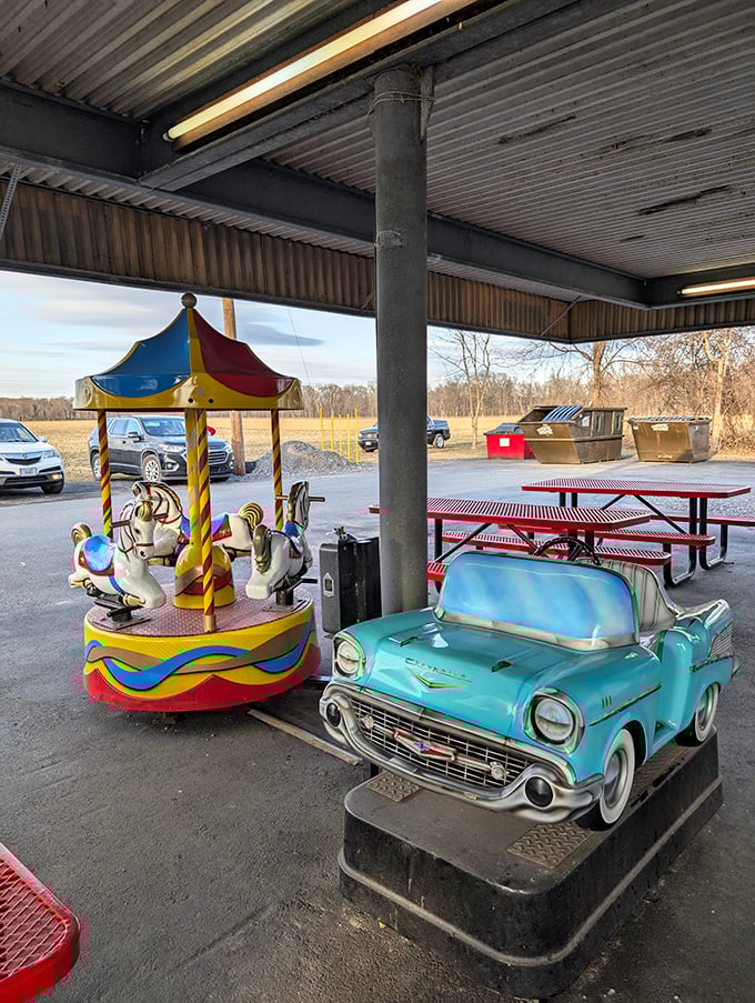 Nostalgia comes in many forms at Red Rabbit, including these vintage kiddie rides that transport parents back to their own childhood while creating new memories.