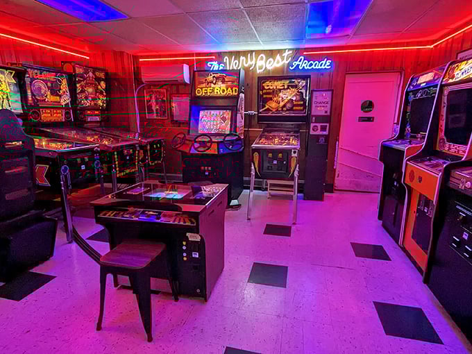 The unexpected arcade room glowing with nostalgia. When your thumbs need a workout after your stomach is full.