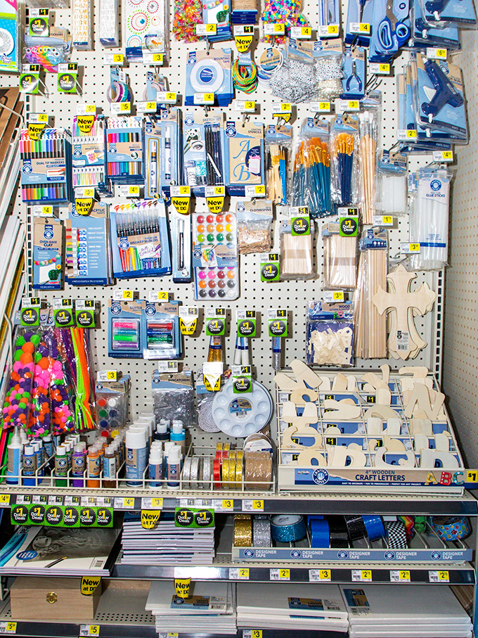 Craft supply heaven for DIY enthusiasts and last-minute school project saviors. Those "Now" stickers are practically calling your name.