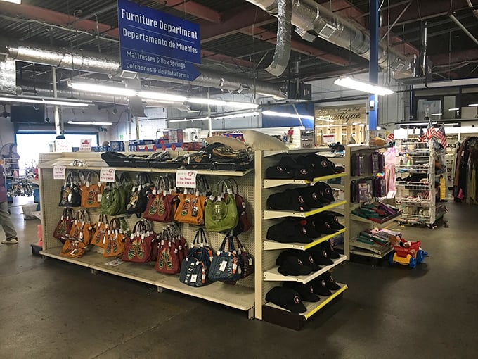 Handbag heaven under the "Furniture Department" sign—proof that organizational logic takes a backseat to the thrill of the hunt in thrift store geography.