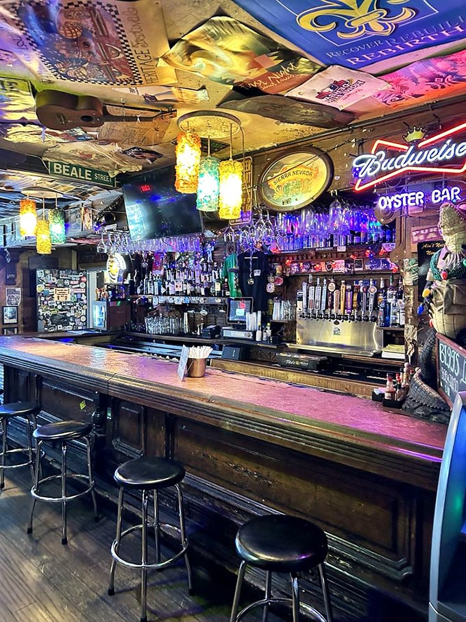 The bar looks like New Orleans had a wild night with a vintage music club and neither of them regrets a thing.