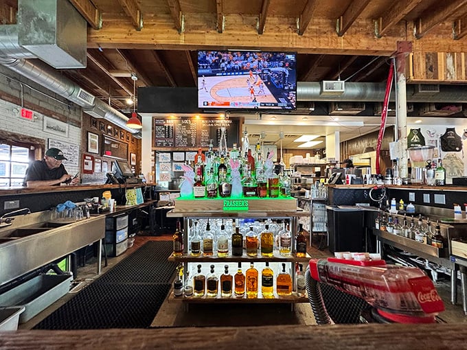 The bar area – where bourbon meets barbecue in a marriage so perfect it should have its own reality show.