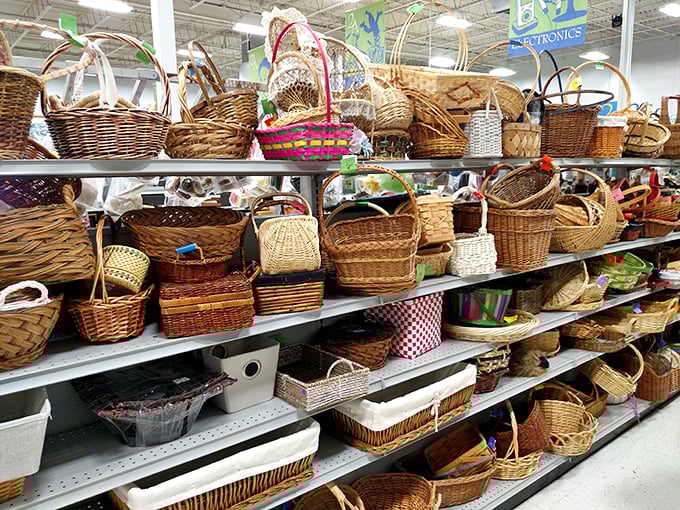 Shopping baskets become vessels for treasure hunting expeditions through this secondhand shopping paradise.