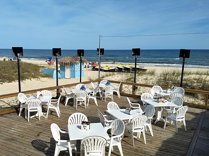 The deck dining area offers front-row seats to nature's greatest show – waves crashing, seabirds diving, and occasionally, dolphins playing.