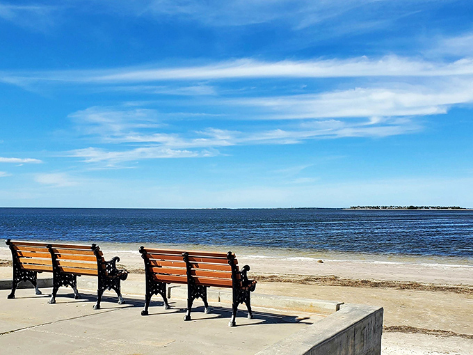 These benches have heard more life stories than a bartender, facing the Gulf's endless wisdom.