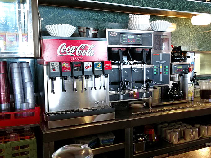 The soda fountain station – where free refills and ice that perfectly fills the glass remind you some pleasures remain delightfully unchanged. 