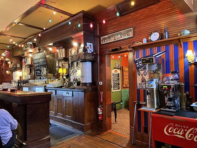The beverage station stands ready for service, backed by wood-paneled walls that have absorbed decades of satisfied sighs and dinner conversations.