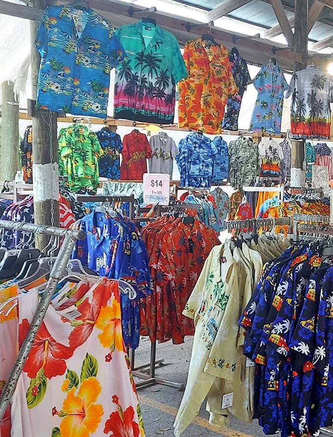 Hawaiian shirt heaven! This tropical fashion display has enough vibrant patterns to outfit an entire Jimmy Buffett concert audience.