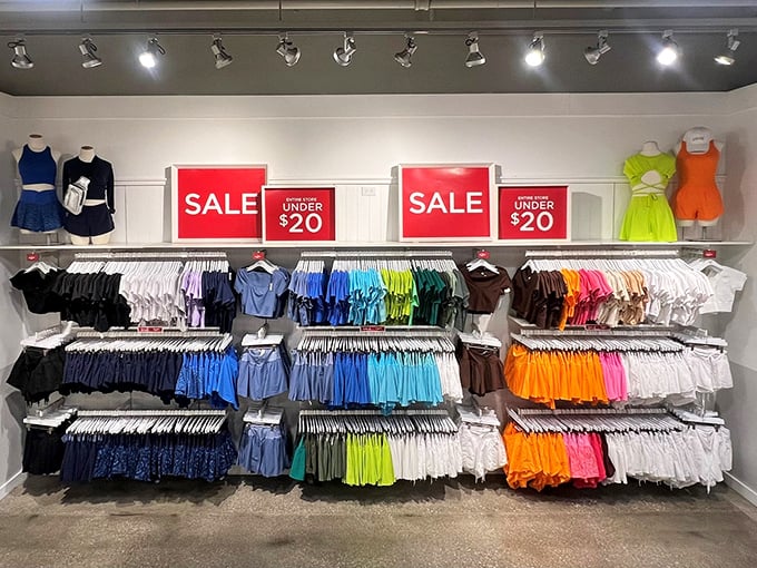 Athletic wear organized by color creates a shopping experience that's both visually stunning and wallet-friendly.