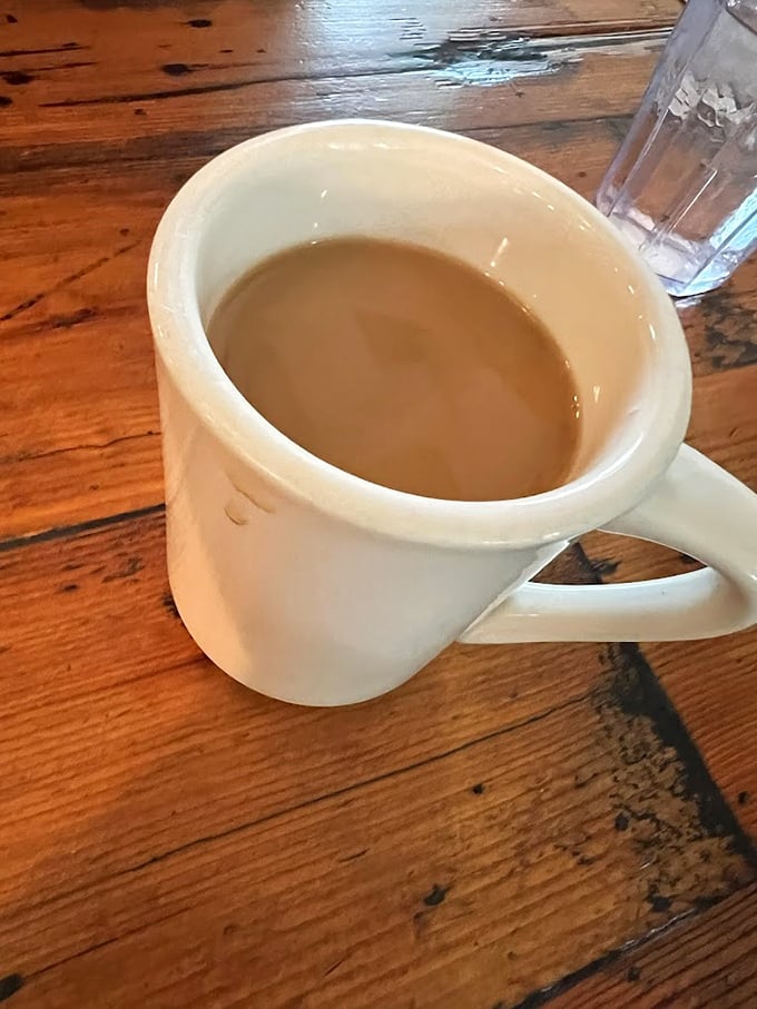 A proper diner mug of coffee—sturdy, unpretentious, and ready to transform you from zombie to human. Morning salvation.