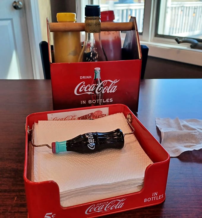 The condiment caddy—where hot dog dreams are customized to perfection. That Coca-Cola carrier isn't just vintage; it's a time machine to simpler pleasures.