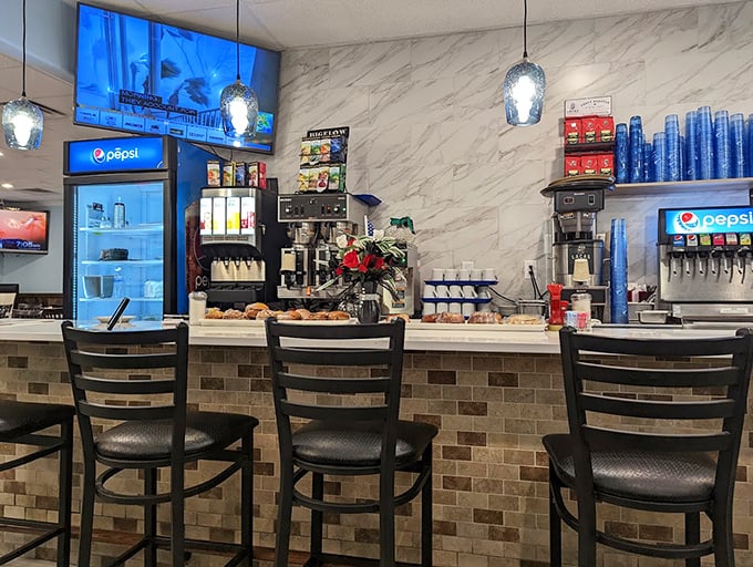 The counter and drink station – command central for caffeine distribution and the perfect vantage point for watching diner magic unfold.
