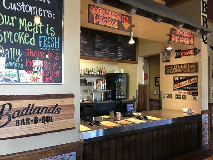 At the counter, a chalkboard warns of possible sell-outs—the BBQ equivalent of "limited engagement only" that creates instant FOMO.