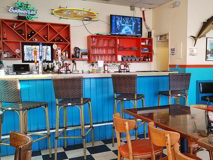The bar area beckons with that "Cheers" vibe where everybody might not know your name, but they're friendly anyway.