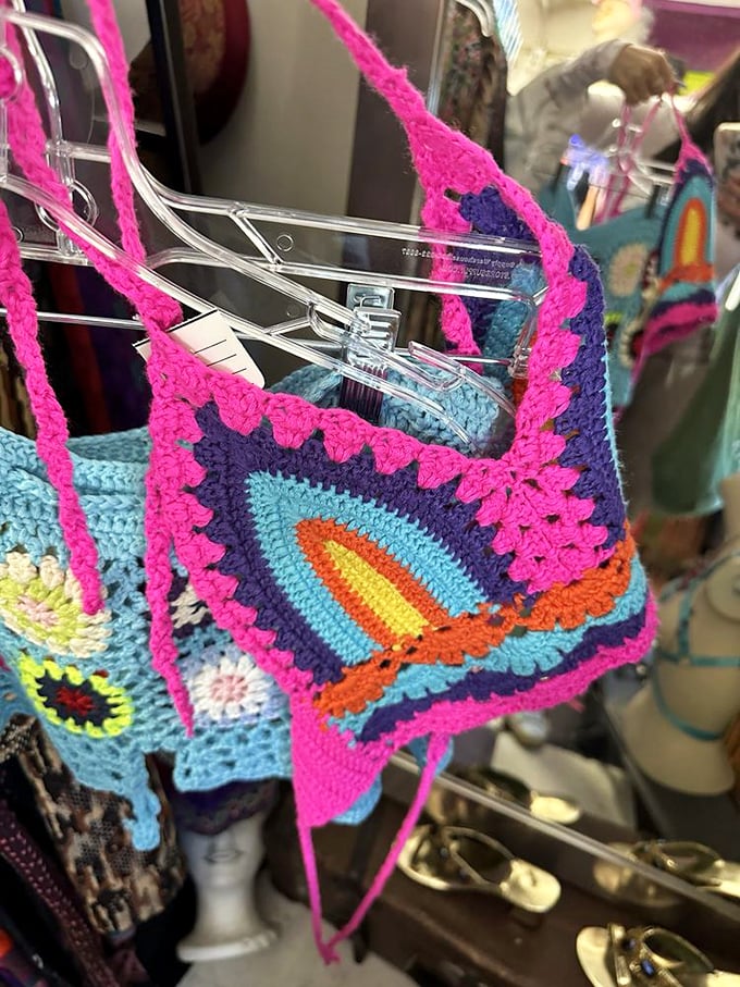 Crocheted bags in colors that make the '70s jealous – handmade when that actually meant something.