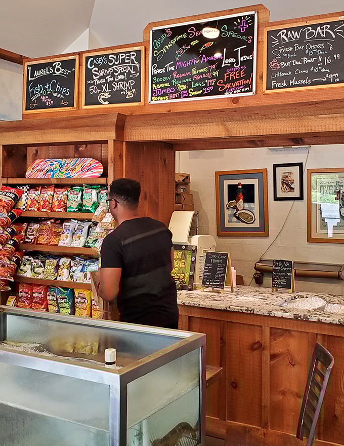 Chalkboard specials announce daily treasures like a seafood town crier. "Casey's Super Skrimps" aren't just big shrimp—they're a declaration of seafood independence.