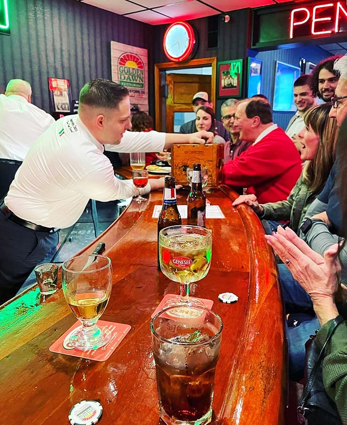 The bar where everybody might not know your name yet, but they will by your second Genesee. Conversations flow as smoothly as the drinks.