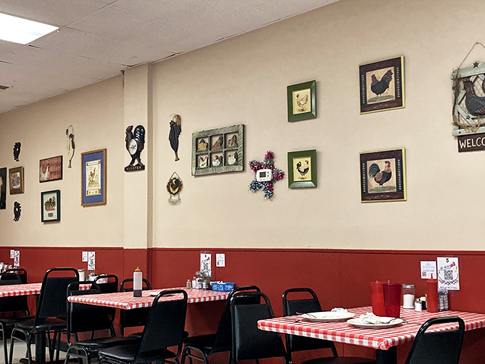 Wall-to-wall chicken decor that somehow never crosses into kitsch. These feathered friends watch over your breakfast with appropriate poultry pride.