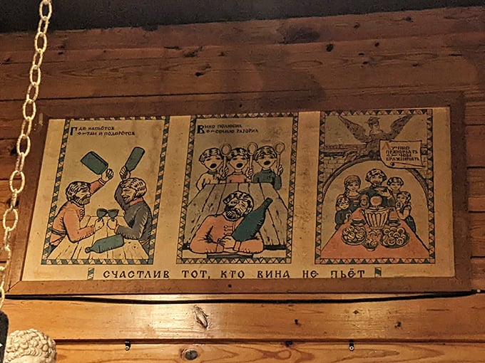 Vintage Russian illustrations that seem to say, "Those who don't drink wine are happy," while ironically decorating a place that celebrates it.