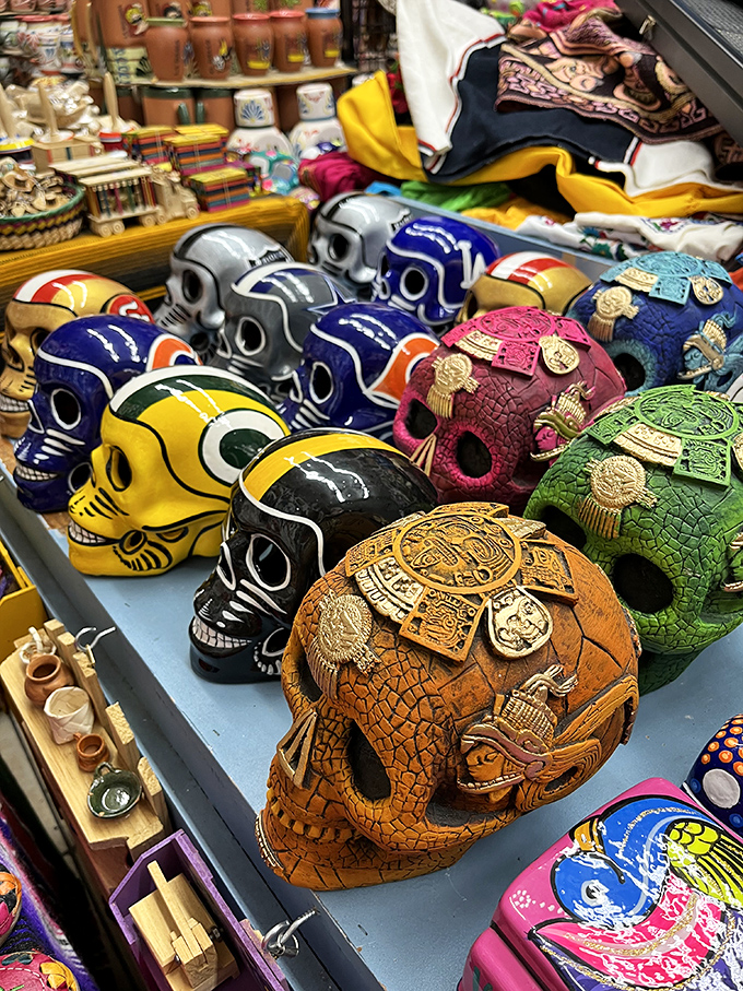 Calaveras in technicolor glory celebrate life while acknowledging death. These aren't Halloween decorations—they're year-round reminders to live vibrantly.