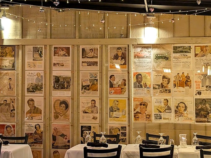 Vintage advertisements line the walls—a time capsule of American culture that pairs perfectly with classic cocktails and prime beef.